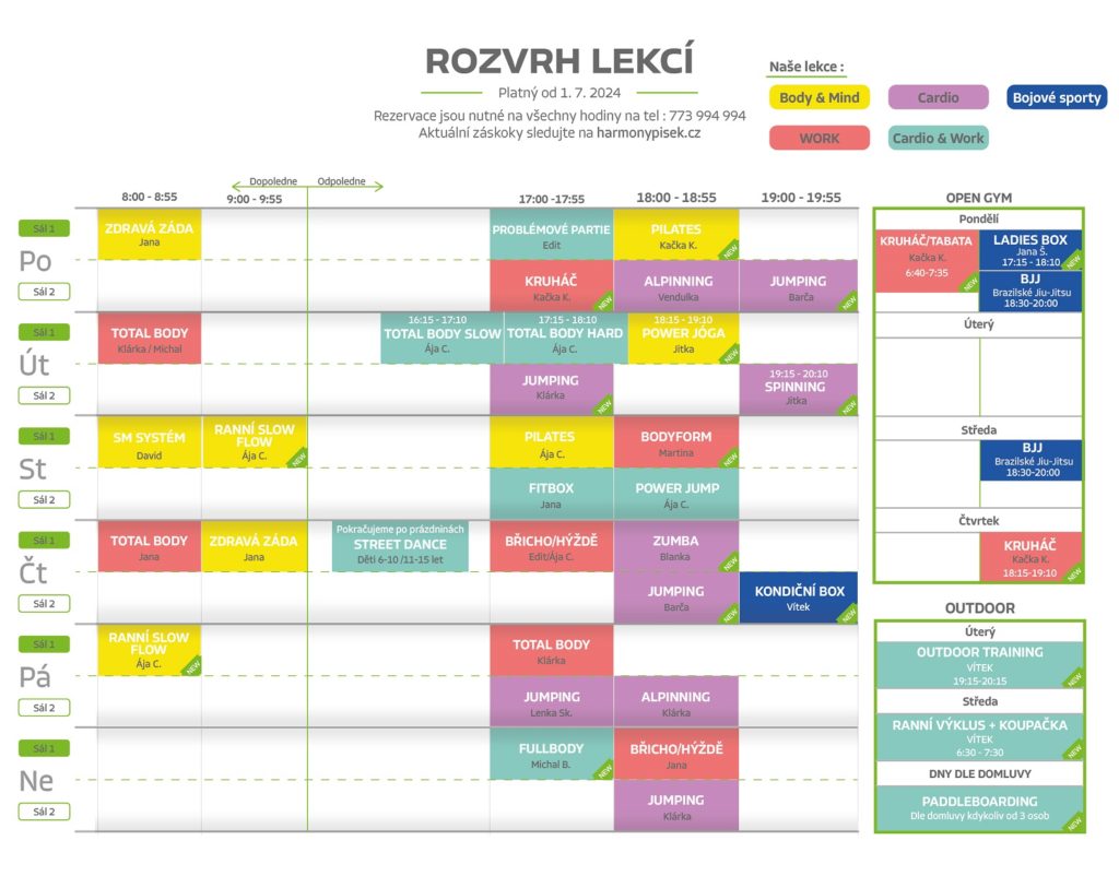 Rozvrh barevný - Harmony Sport & Relax Club
